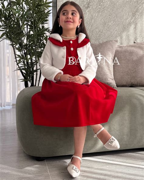 فستان أحمر بناتي شتوي مع جاكيت أبيض متجر بارلينا Barllina