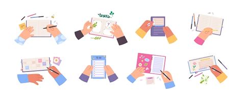 평평한 손은 노트북에 쓰기 일기 또는 일기를 장식 사무실 문서 또는 개인 플래너를 구성합니다 메모장 벡터 집합을 나열하거나 계획하려면 공부에 대한 스톡 벡터 아트 및 기타