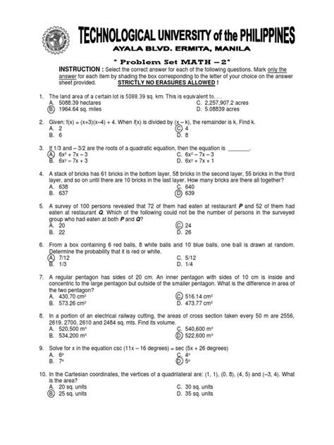 Problem Set Math 2 Descargar Gratis Pdf Area Elementary Mathematics
