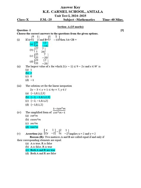 Class X Unit Test 1 Maths Answer Key Pdf Mathematics