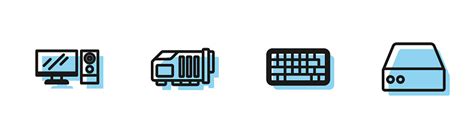 라인 키보드 컴퓨터 모니터 비디오 그래픽 카드 및 서버 데이터 웹 호스팅 아이콘을 설정합니다 벡터 Cpu에 대한 스톡 벡터 아트