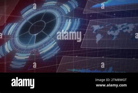 Animation Of Interface With Round Scanner And Data Processing Against Purple Gradient Background