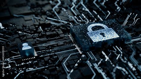 Security Technology Concept With Lock Symbol On A Microchip White Neon