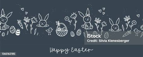 귀여운 손으로 그린 부활절 수평 원활한 패턴 토끼 꽃 부활절 달걀 아름다운 배경 부활절 카드 배너 직물 배경 화면 벡터 디자인 부활절 토끼에 대한 스톡 벡터 아트 및 기타