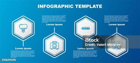세트 라인 치과 임플란트 구급 상자 교정기 및 카드가 있는 치아 비즈니스 인포그래픽 템플릿입니다 벡터 건강 진단에 대한 스톡 벡터 아트 및 기타 이미지 Istock