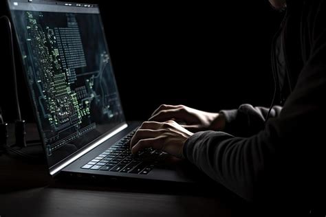 Hacker Working On Laptop In Dark Room Cyber Security Concept A