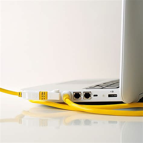 Laptop With Cords Plugged Into It A White Laptop Connected To Ethernet Cable Background Luck