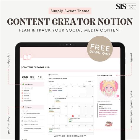 Free Content Creator Notion Template Simply Sweet Theme Social Media Planner Template