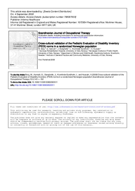 Pdf Cross Cultural Validation Of The Pediatric Evaluation Of Disability Inventory Pedi Norms