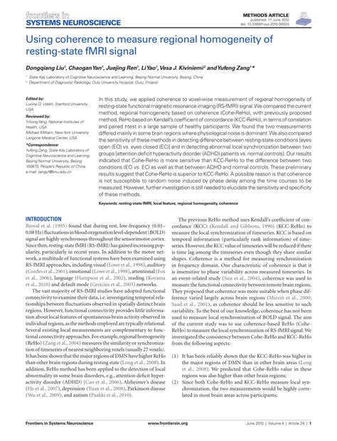 Pdf Using Coherence To Measure Regional Homogeneity Of Resting State
