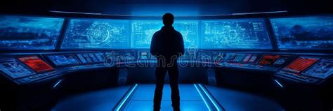 Operator In Futuristic Control Room A Lone Figure Oversees A Complex Network Of Glowing Screens