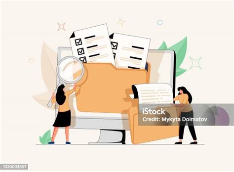 서버 또는 컴퓨터에서 데이터 저장 및 파일 아카이브를 구성하는 사무실 작업자 Pc 사용자는 데이터베이스에서 문서를 검색합니다 문서에 대한 스톡 벡터 아트 및 기타 이미지