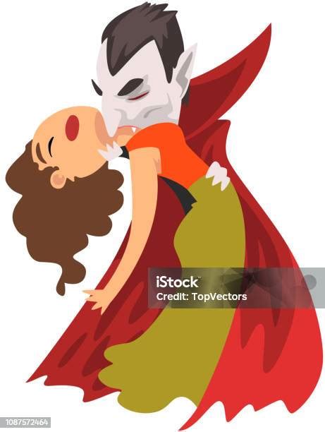 아름 다운 여자 흰색 배경에 뱀파이어 만화 문자 벡터 일러스트 레이 션을 물고 드라큘라 백작 10월에 대한 스톡 벡터 아트 및
