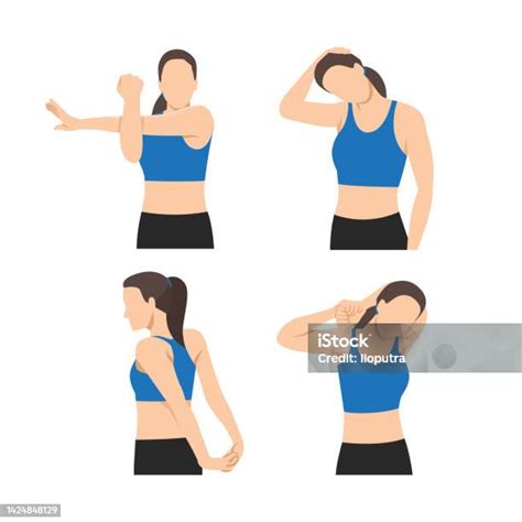 목 팔 어깨를 펴는 여자 손 흰색 배경에 격리된 플랫 벡터 일러스트 레이 션 스트레칭에 대한 스톡 벡터 아트 및 기타 이미지 스트레칭 운동 목 Istock