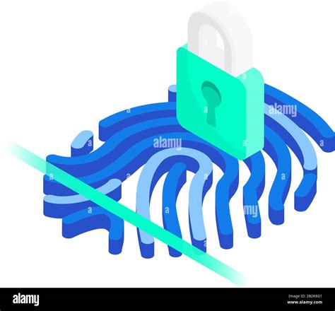 Isometric Fingerprint With Scanner Line And Closed Padlock Isolated On White Background