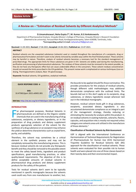 Pdf A Review On Estimation Of Residual Solvents By Different Analytical Method
