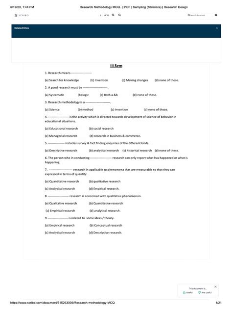 Research Methodology Mcq Pdf Sampling Statistics Research Design Pdf Methodology