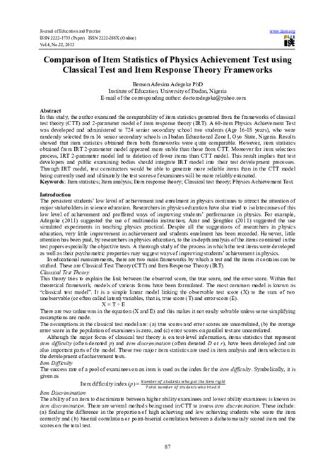 Pdf Comparison Of Item Statistics Of Physics Achievement Test Using Classical Test And Item