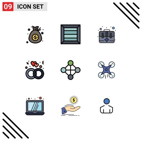 Pack Of 9 Creative Filledline Flat Colors Of Topology Hierarchy Emergency Wedding Love Editable