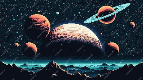 Ai가 생성한 행성과 별이 포함된 8비트 픽셀 은하 공간 풍경 벡터 복고풍 픽셀 아트 게임 배경 하늘에 바위와 토성이 있는 행성 표면의 공간 풍경 8비트 게임 수준