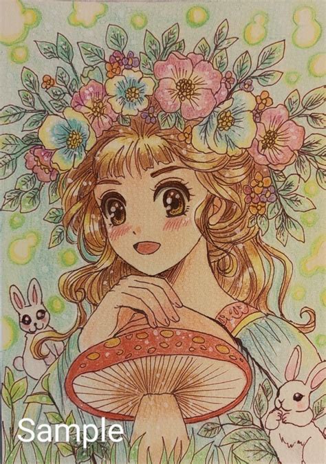 Yahooオークション 手描きイラスト 少女とキノコ