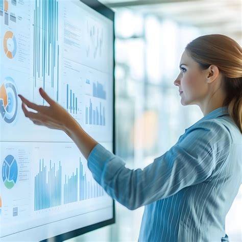 Businesswoman Analyzing Data On Large Touchscreen Display Premium Ai Generated Image