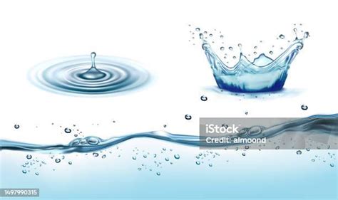 투명한 물이 튀고 투명한 배경에 고립된 물방울이 떨어진다 물 크라운이 방울로 튀어 나옵니다 기포와 함께 투명한 물결 벡터 그림 0명에 대한 스톡 벡터 아트 및 기타 이미지
