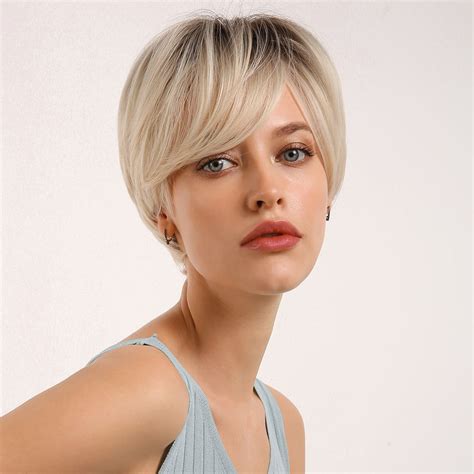 Pixie Cut Wigs For Women Light Platinum Blonde With Dark Brown Roots