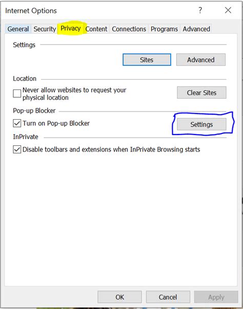 2 Under The Privacy Tab Click On The Settingsbutton In The Pop Up Blocker Section