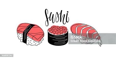 일본 음식 흰색 배경에 격리된 서예 글자 로고가 있는 초밥 아시아 스시 분홍색 반점 그림이 있는 벡터 선형 스케치 메뉴 레시피 카페 레스토랑용 초밥 컬렉션 개체 그룹에 대한