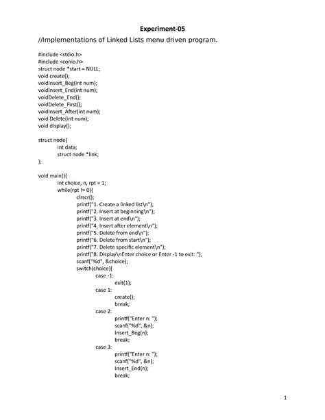 Linked Lists C Code Experiment 05 Implementations Of Linked