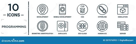 Conjunto De Iconos Lineales De Programación Incluye Desarrollo De Línea Delgada Simulación De