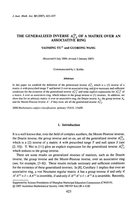 Pdf The Generalized Inverse A2 T S Of A Matrix Over An Associative