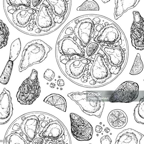 굴과 굴 요리와 레몬과 얼음 스케치 매끄러운 패턴 손으로 그린 벡터 그림 맨 위 보기입니다 디자인 템플릿입니다 음식 메뉴 배경 굴에 대한 스톡 벡터 아트 및 기타 이미지