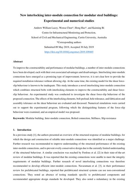 Pdf New Interlocking Inter Module Connection For Modular Steel Buildings Experimental And