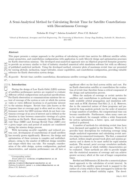 Pdf A Semi Analytical Method For Calculating Revisit Time For Satellite Constellations With