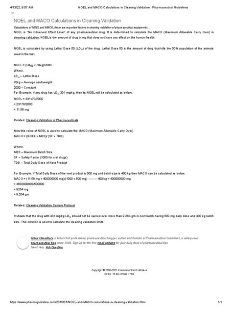 Noel And Maco Calculations In Cleaning Validation Pharmaceutical Guidelines Pdf Dose
