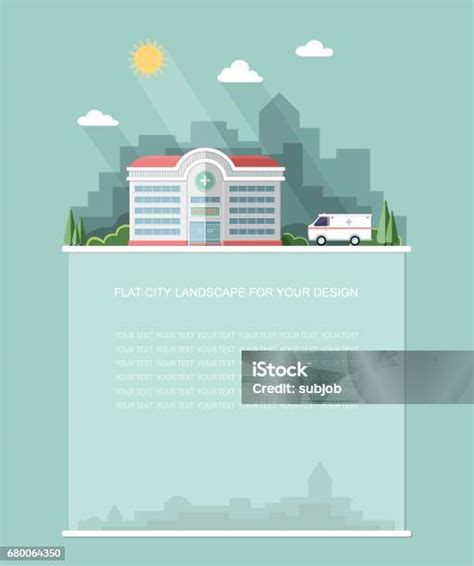 넓은 공간 텍스트를 복사 합니다 병원 구급차와 건물입니다 도시 배경입니다 응급 처치와 함께 현대 의료 센터입니다 평평한 풍경입니다 디자인에 대 한 벡터 아이콘 건물 외관에