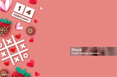 딸기와 초콜릿 발렌타인 데이 인사말 카드 하트 종이 컷 스타일 달콤한 디저트 초코 사탕 해피 로맨틱 휴일 텍스트 공간입니다 2월 14일 틱 택 토 게임 2월에 대한 스톡