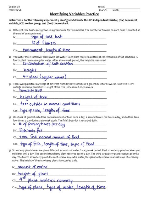 Identifying Variables Practice Worksheet Pdf Plants Science