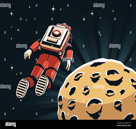 Astronaut Exploring A Colorful Asteroid In Outer Space At Night Stock