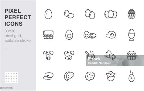 계란 라인 아이콘 세트입니다 컨테이너 부활절 사냥 바구니 달걀 껍질 노른자 스크램블 요리 재료 최소 벡터 그림 아침 식사를위한 간단한 개요 표시 30x30 픽셀 완벽 편집