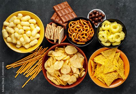 Unhealthy Food Pretzels Different Chips Crackers Chicolad Cookies