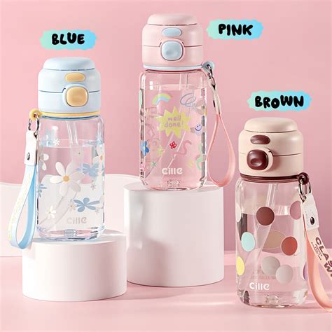 Cille Botol Air Comel Tritan Dual Drink Straw And Sip 1 Click Open