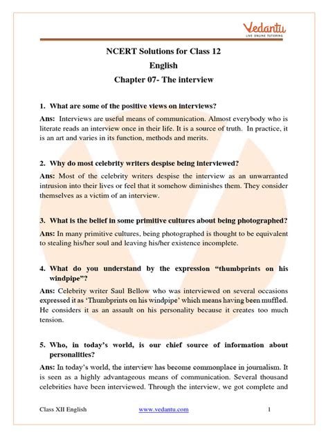 Ncert Solutions For Class 12 English Chapter 7 The Interview Pdf English Language