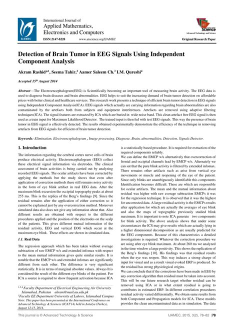 Pdf Detection Of Brain Tumor In Eeg Signals Using Independent Component Analysis