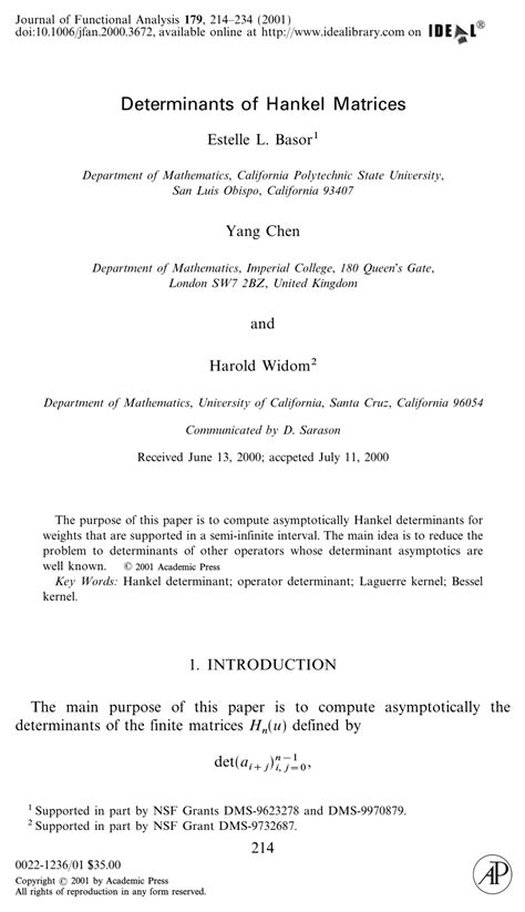 Pdf Determinants Of Hankel Matrices