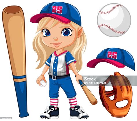 Cute Girl In Baseball Outfit With Baseball Sport Objects Stock