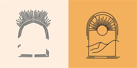 로고 요소 세트가 있는 손으로 그린 벡터 추상 스톡 플랫 그래픽 일러스트 라인 아트 스타일과 실루엣의 아치 프레임 심플한 스타일의 매직 아트 컬러 배경에 고립 보보스에 대한