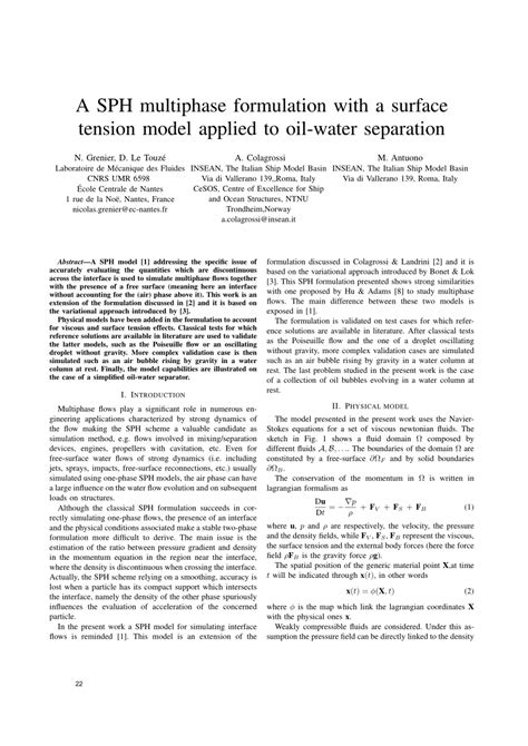 Pdf A Sph Multiphase Formulation With A Surface Tension Model Applied To Oil Water Separation